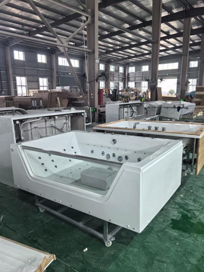 2 Person Rectangular Whirlpool Massage Bathtub with Front Blue Glass