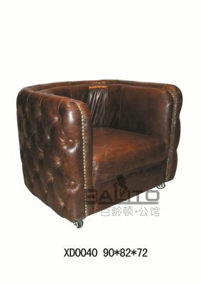 China antique style brown leather single leisure sofa with wheel foot,#XD0040 for sale