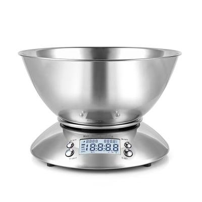 China Stainless Steel Digital Kitchen Scale 5 kg Removable Bowl and Battery Powered Digital Household Scale for sale