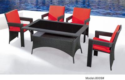 hotel al aire libre de mimbre del top del vidrio de la rota sintética de 7 pedazos que cena los muebles 6 armchairs-8009