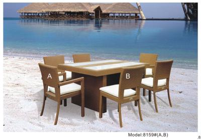7-piece beige PE wicker rattan coffee dining set for 6 people with 4 armless chairs-8159