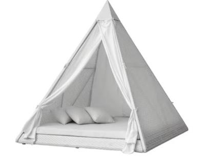 China Triangular Patio Cabana With Curtain Wicker Plastic Canopy Sunbed Backyard Rattan UV Resist Day Bed for sale