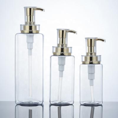 China Garrafa clara do champô do plástico da loção dos homens vazios luxuosos do condicionador Packaging16oz do hotel de 300ml 400ml 500ml com bomba do ouro à venda