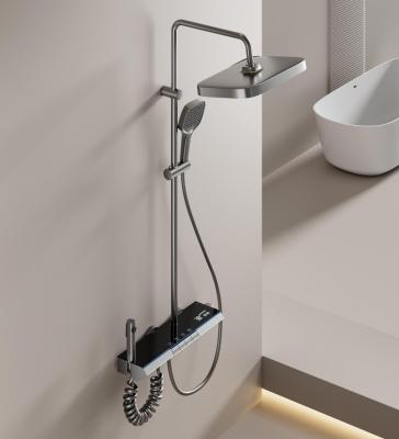 China Four-Function Deluxe Shower Panel Tower System with Rainfall Shower, Body Jets, Hand Spray & Wide Shelf, 4046 Gunmetal Grey for sale