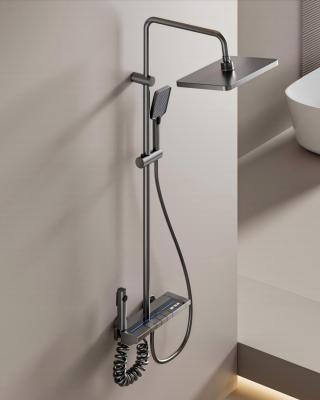 China Four-Function Deluxe Shower Panel Tower System with Rainfall Shower, Body Jets, Hand Spray & Wide Shelf, 4199 Gunmetal Grey for sale