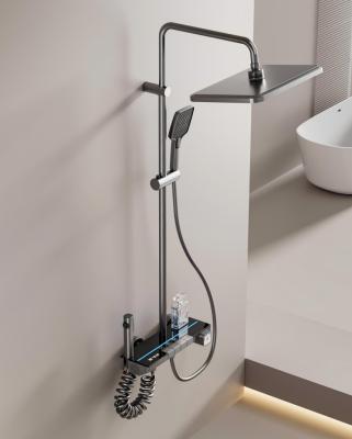China Four-Function Deluxe Shower Panel Tower System with Rainfall Shower, Body Jets, Hand Spray & Wide Shelf, 4150 Gunmetal Grey for sale