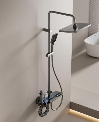 China Four-Function Deluxe Shower Panel Tower System with Rainfall Shower, Body Jets, Hand Spray & Wide Shelf, 4180 Gunmetal Grey for sale