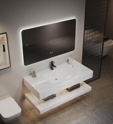 China Premium Sintered Stone Bathroom Vanity with LED Mirror & Integrated Basin – 01 Glossy Fish Belly White for sale