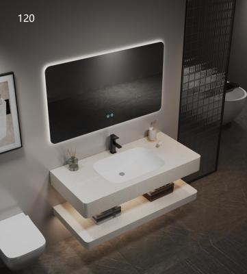 China Premium Sintered Stone Bathroom Vanity with LED Mirror & Integrated Basin – 03-3 Pearl White for sale