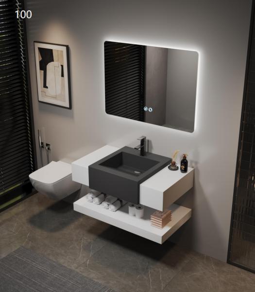 Quality Premium Sintered Stone Bathroom Vanity with Integrated Basin and Mirror – Modern Wall-Mounted Sink Cabinet - 012-2 Black + White for sale