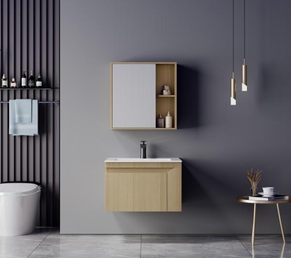 Quality Modern Plywood Bathroom Vanity with Mirror Cabinet Model 6049 – Waterproof Storage Solution for sale