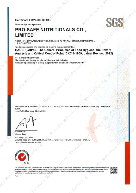 HACCP(GHPs) - Pro Safe Nutritionals Manufacturing Co., Ltd
