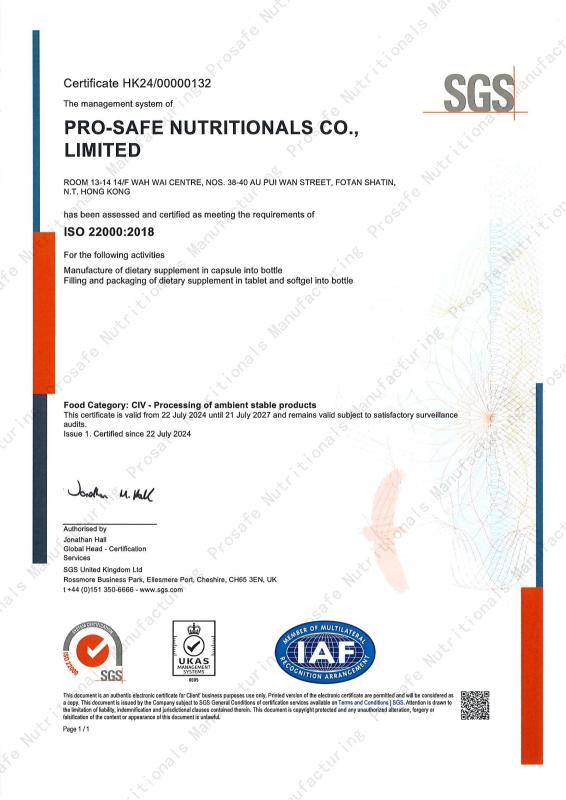 ISO 22000:2018 - Pro Safe Nutritionals Manufacturing Co., Ltd