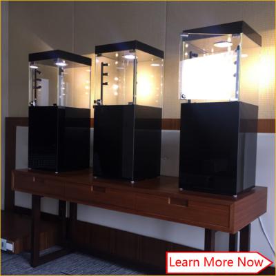 China Material wooden black tempered glass jewelry tower display case with high pole lights for sale