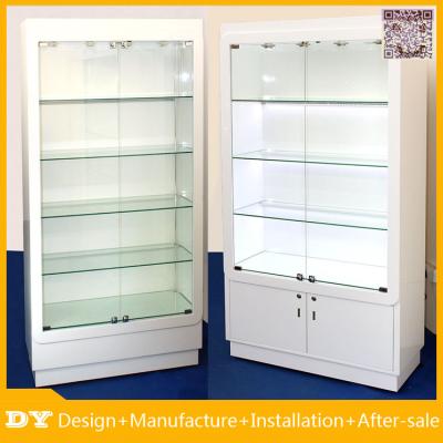 China White wooden tempered galss wall jewelry store display shelves with lighting for sale