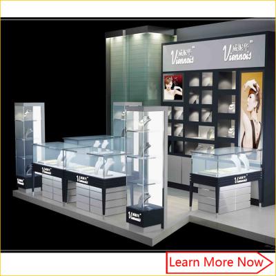 China Customized black white wooden glass retail jewelry showcase island kiosk for sale