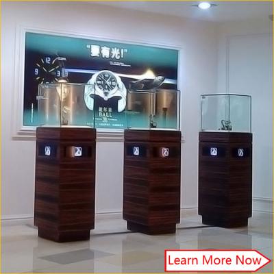 China Top quality wooden plus veneer tempered glass jewellery display led cases for sale
