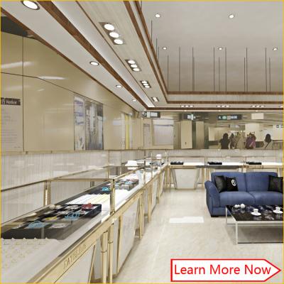 China Luxury design brush s/s jewellry display cases,gold display cabinet with lighting for sale