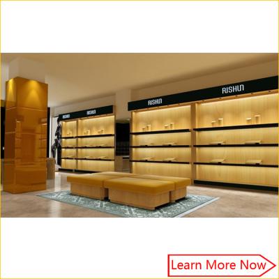 China High end retail wooden man leather  shoe store Displays with light decorated for sale