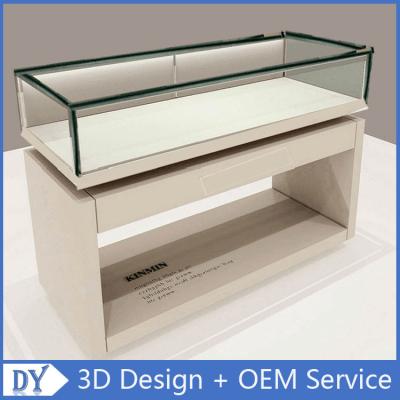 China Nice Standard Size Matte White Wooden Glass Display Plinth With Led Strip Lights for sale