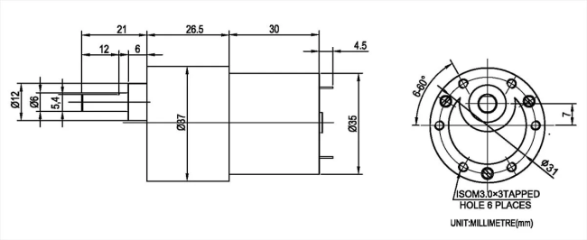 37mm 3035 Mini Dc Motor With Gearbox Gear Motor Low Rpm  Dimensions
