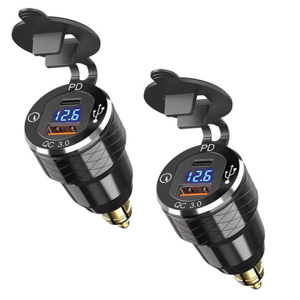 Quality 54W PD QC3.0 2 Port Motorcycle Phone Charger Aluminum Alloy Motorbike Usb Socket for sale