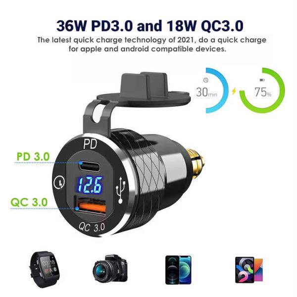 Quality 54W PD QC3.0 2 Port Motorcycle Phone Charger Aluminum Alloy Motorbike Usb Socket for sale