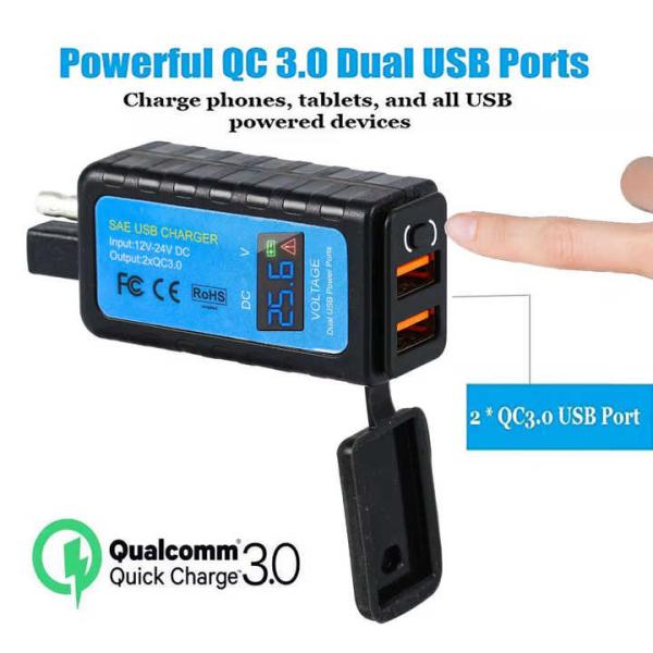 Quality 36W QC3.0 SAE Dual USB Motorcycle Iphone Charger With Switch 12-24V for sale