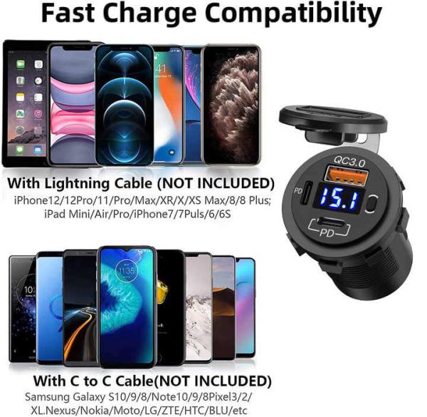 Quality Dual PD QC3.0 12V/24V Triple USB Car Charger Golf Fast Charging PC Socket Phone for sale