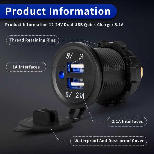 Quality 2 Pack 12V 24V IP65 Waterproof Auto USB Charger Double USB Car Charger for sale