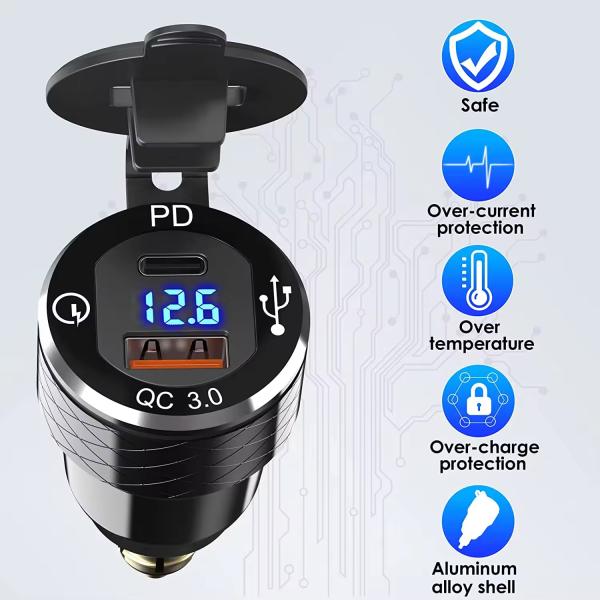 Quality Motorcycle PD Type C Phone Charger 12 volt Adapter Plug in-Type USB A QC3.0 for sale