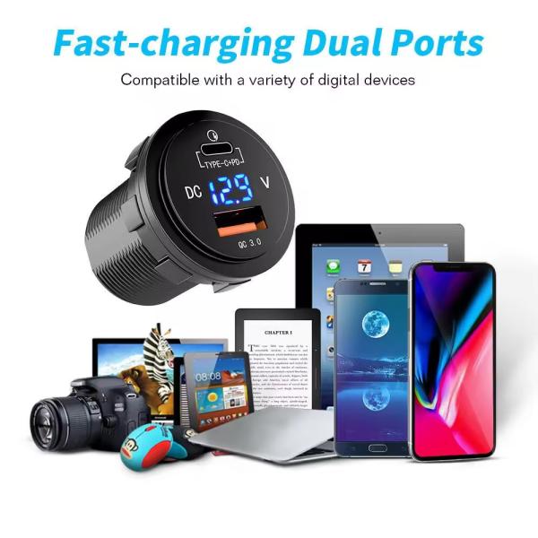 Quality Compact Dual PD 3.0 Car Charger USB Type C Car Charger With Voltmeter Switch for sale