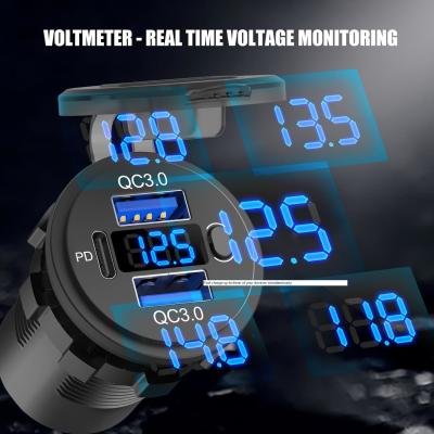 China Waterproof 12V 24V Vehicle Dual QC3.0 + PD USB Charger Socket with Voltage Display Power Outlets for sale