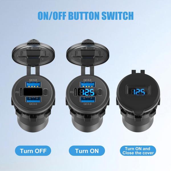 Quality Waterproof 12V 24V Vehicle Dual QC3.0 + PD USB Charger Socket with Voltage for sale