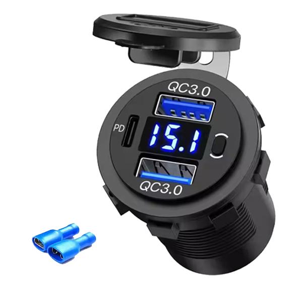 Quality Waterproof 12V 24V Vehicle Dual QC3.0 + PD USB Charger Socket with Voltage for sale