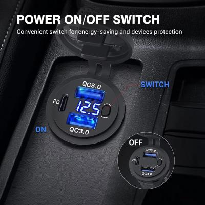 China Waterproof 12V 24V Vehicle Dual QC3.0 + PD USB Charger Socket with Voltage Display Power Outlets for sale