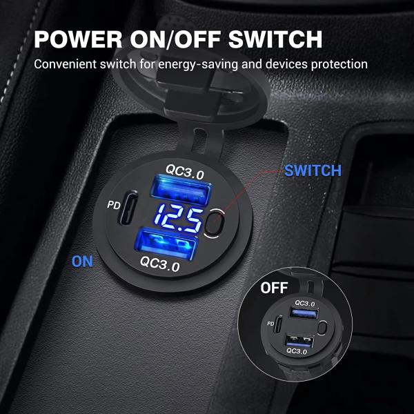 Quality Waterproof 12V 24V Vehicle Dual QC3.0 + PD USB Charger Socket with Voltage for sale