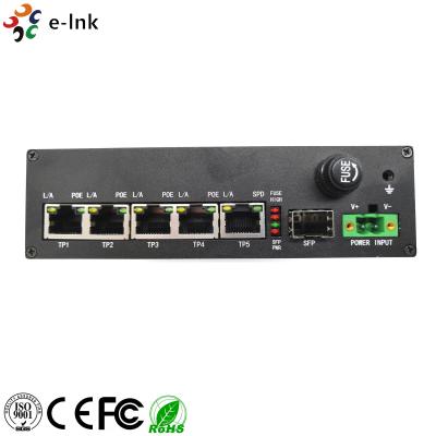 China 5-port 10/100/1000BASE-T (4-port PoE+) + 1-port 1000BASE-FX SFP Industrial Solar Power PoE Switch with 12VDC power input for sale