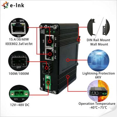 Cina Opzioni di Ethernet della fibra di media del convertitore 60W PoE+ di BACCANO del supporto industriale della ferrovia/parete durevoli in vendita