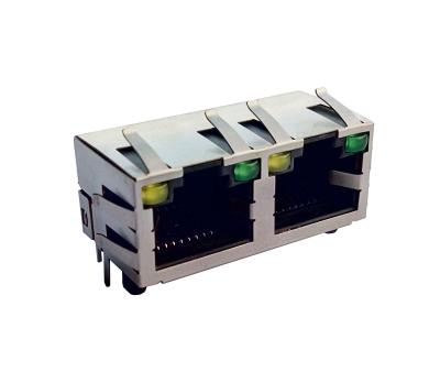 China Right angle 1x2 multi-port RJ45 Jacks, shielded, without EMI fingers, built-in LED for sale