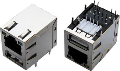 China RJ45 Jack integrated with single USB, Tab-up, built-in LED, shielded with EMI fingers for sale