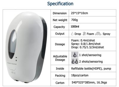 Cina 1,5 cc nessun prodotto disinfettante automatico della mano dell'erogatore 280ml del prodotto disinfettante della mano di tocco in vendita