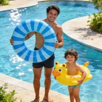 Quality Customizable Rose Gold Flamingo Inflatable Swim Ring with Pink-Yellow Striped for sale