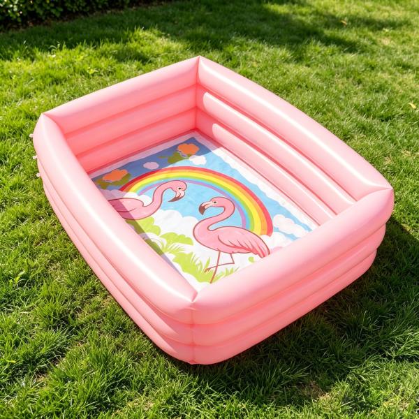 Quality 3-Ring Inflatable Kids Pool with Flamingo & Rainbow Print, Pink Rectangular Kiddie Pool for Backyard, Garden & Outdoor Water Play for sale