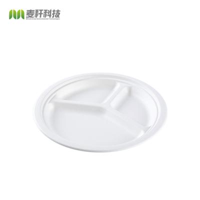 China 3 parts Round White Dessert Sugarcane Biodegradable sugarcane Disposable Plate for sale