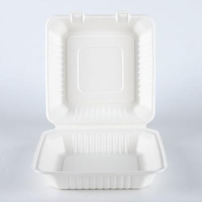 China 8 inches disposable Sugarcane Bagasse fiber paper clamshell food packaging box for sale