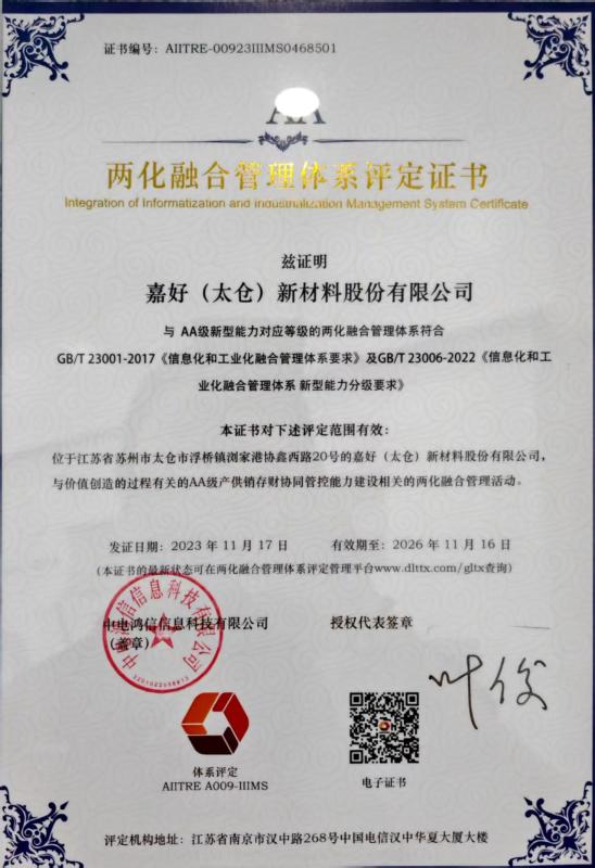 Integration of informatization and industrialization management system certificate - Shanghai Jaour Adhesive Products Co.,Ltd