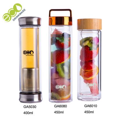 Eco friendly 450ml double wall glass infuser drinking bottle with bamboo lid