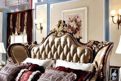 China Classic Luxury Wooden Design Upholstered Leather Antique Headboard King Size Bed for sale