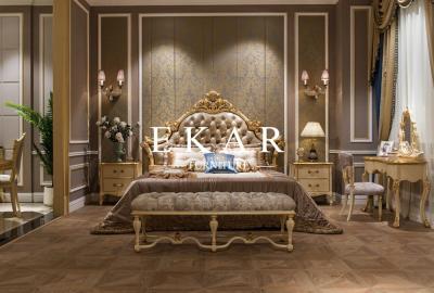 China Royal Leather High Headboard King Size Frame Wood Hand Carving Bed for sale
